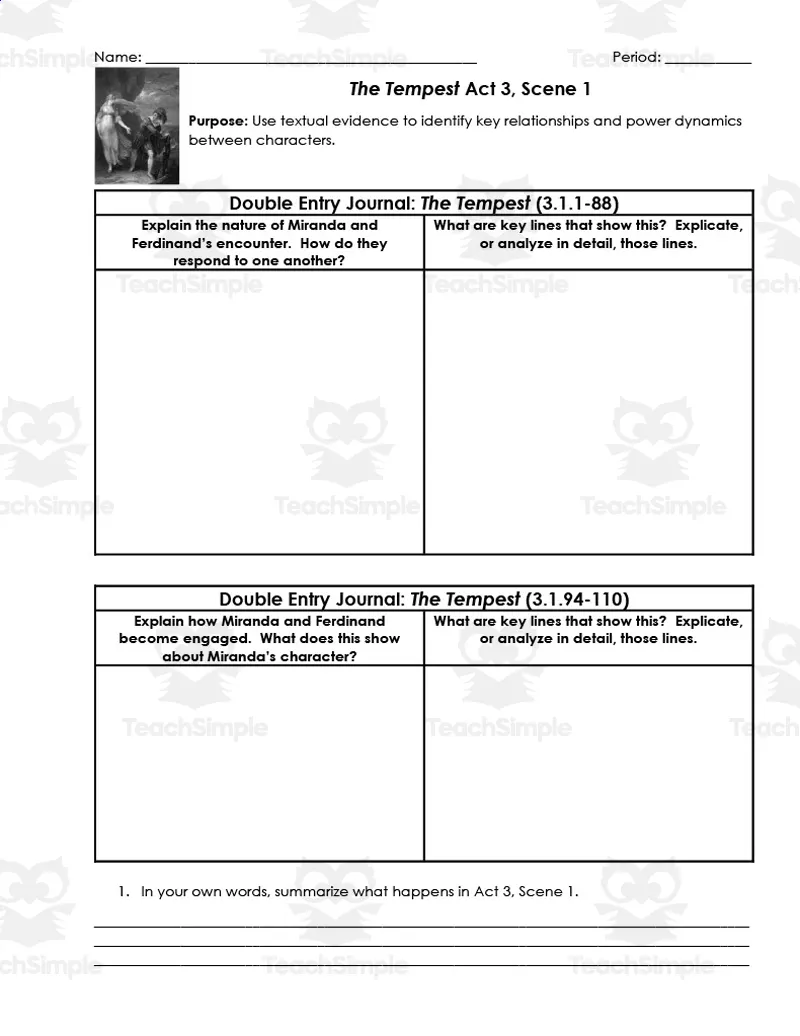 The Tempest Act 3, Scene 1 | Double Entry Journals by Teach Simple