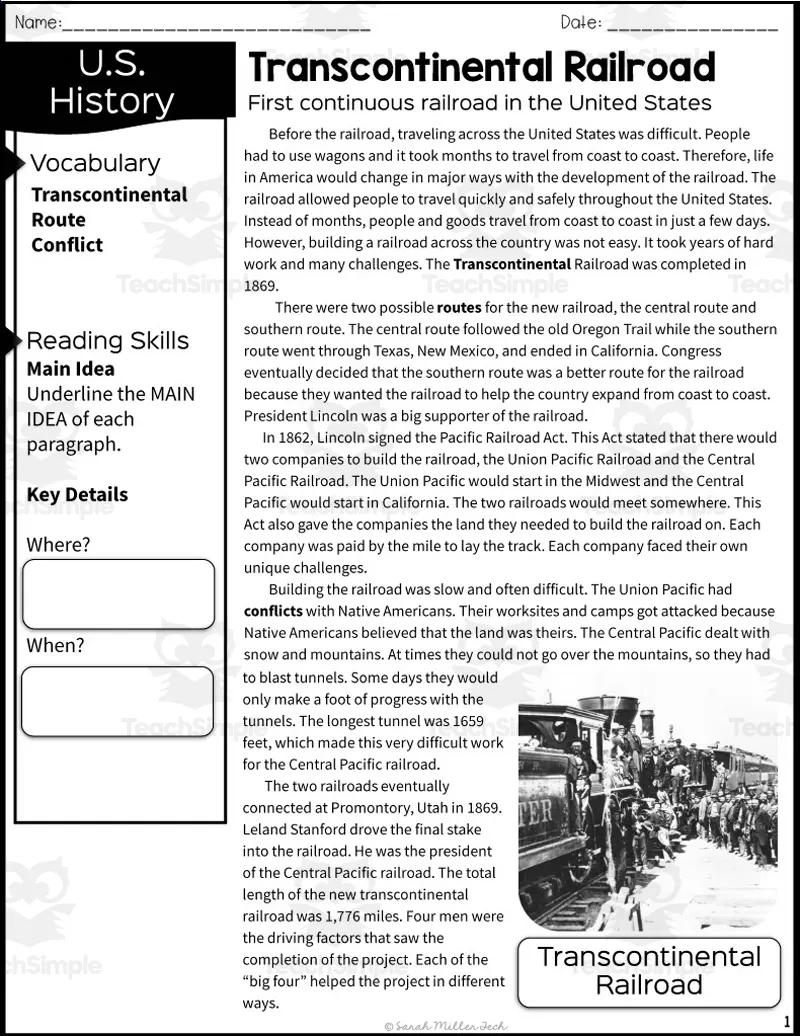 The Transcontinental Railroad Reading Packet by Teach Simple
