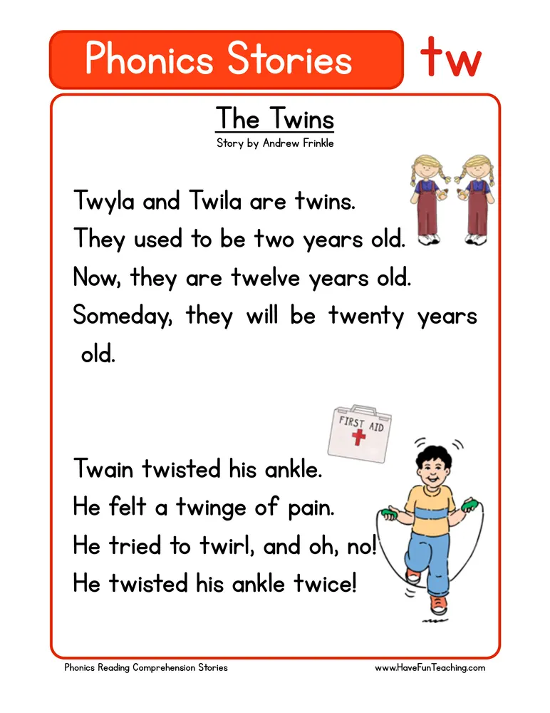 The Twins TW Phonics Stories Reading Comprehension Worksheet by Teach ...