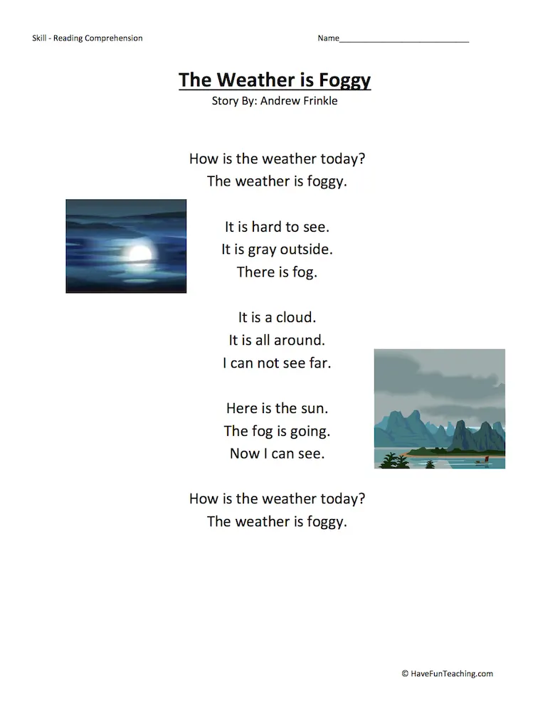 The Weather is Foggy Reading Comprehension Worksheet by Teach Simple