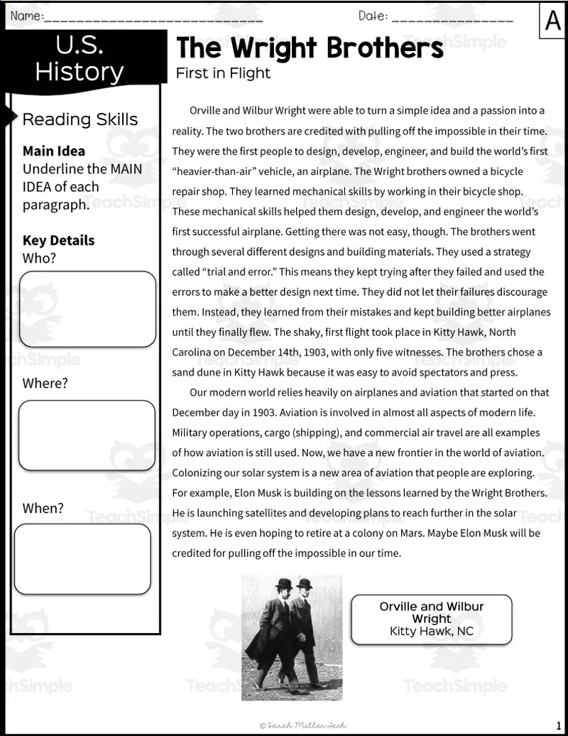 The Wright Brothers Reading Packet by Teach Simple