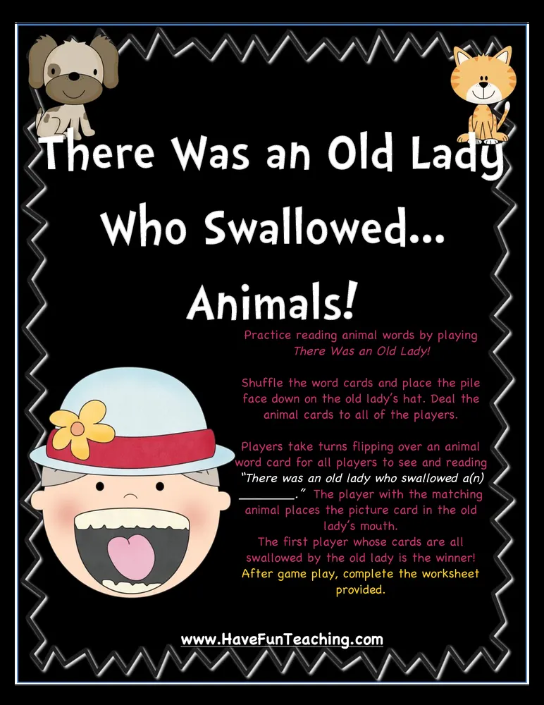 There Was An Old Lady Animal Names Activity by Teach Simple