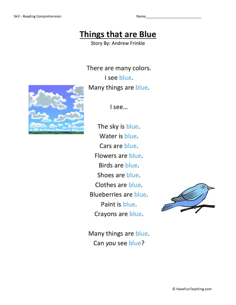 Things that are Blue Reading Comprehension Worksheet by Teach Simple
