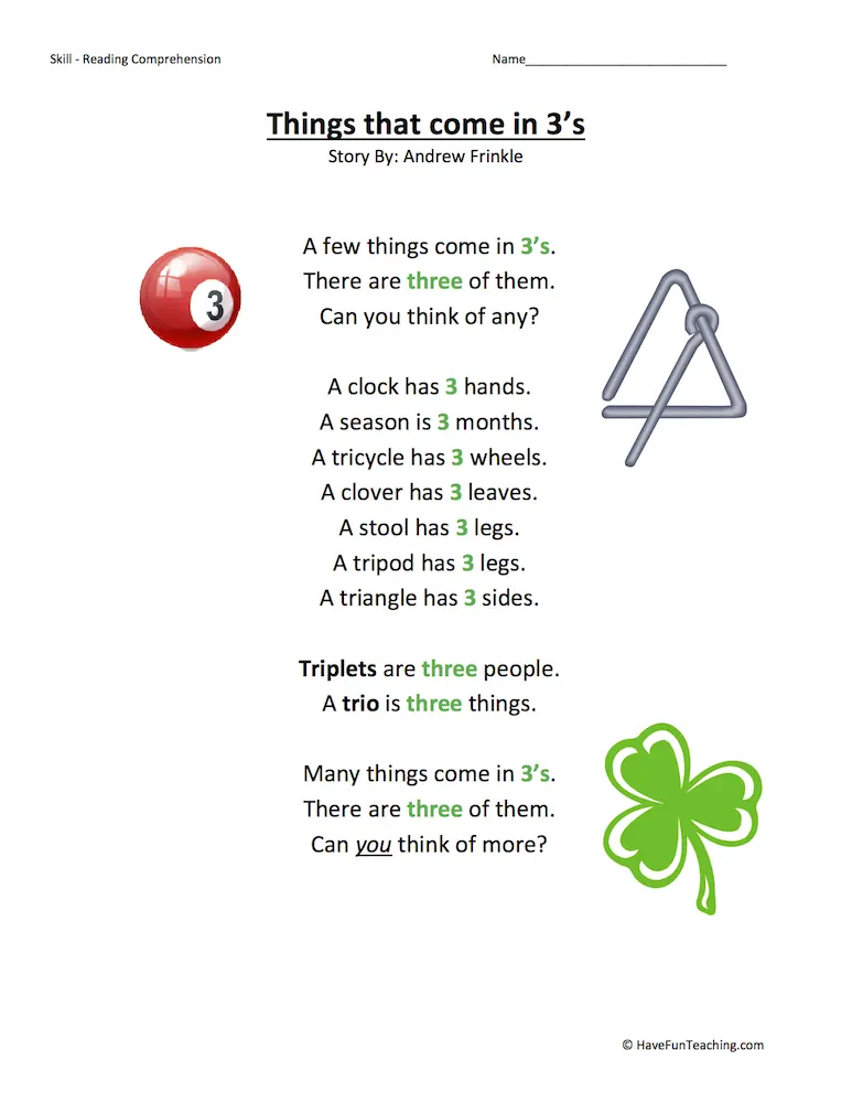 Things that come in 3s Reading Comprehension Worksheet by Teach Simple
