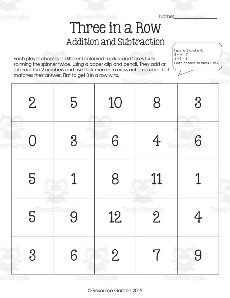 Three in a Row Addition and Subtraction Game by Teach Simple