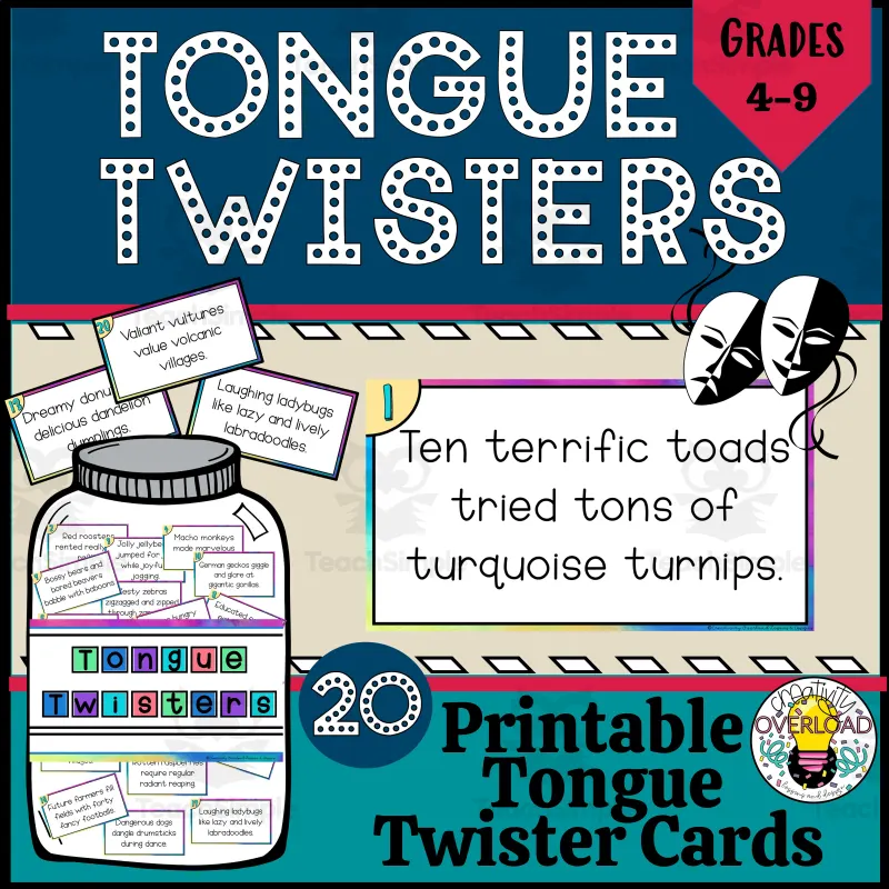 Tongue Twisters: 20 printable cards, student handout, and presentation ...