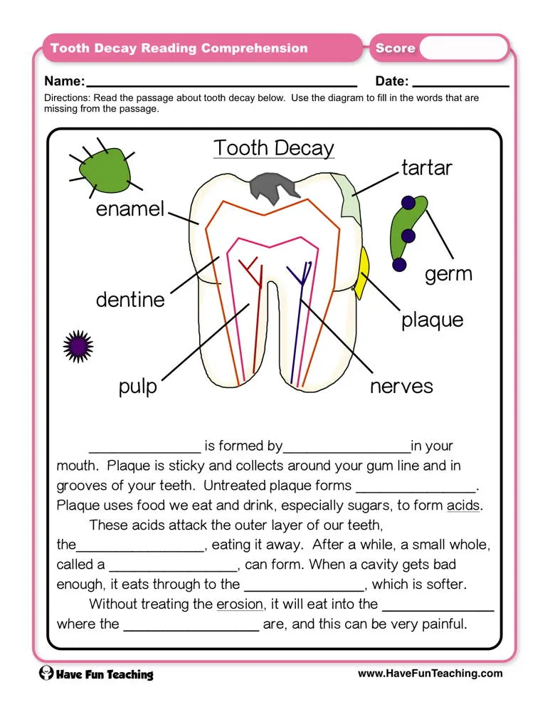 Tooth Decay Reading Comprehension Worksheet by Teach Simple
