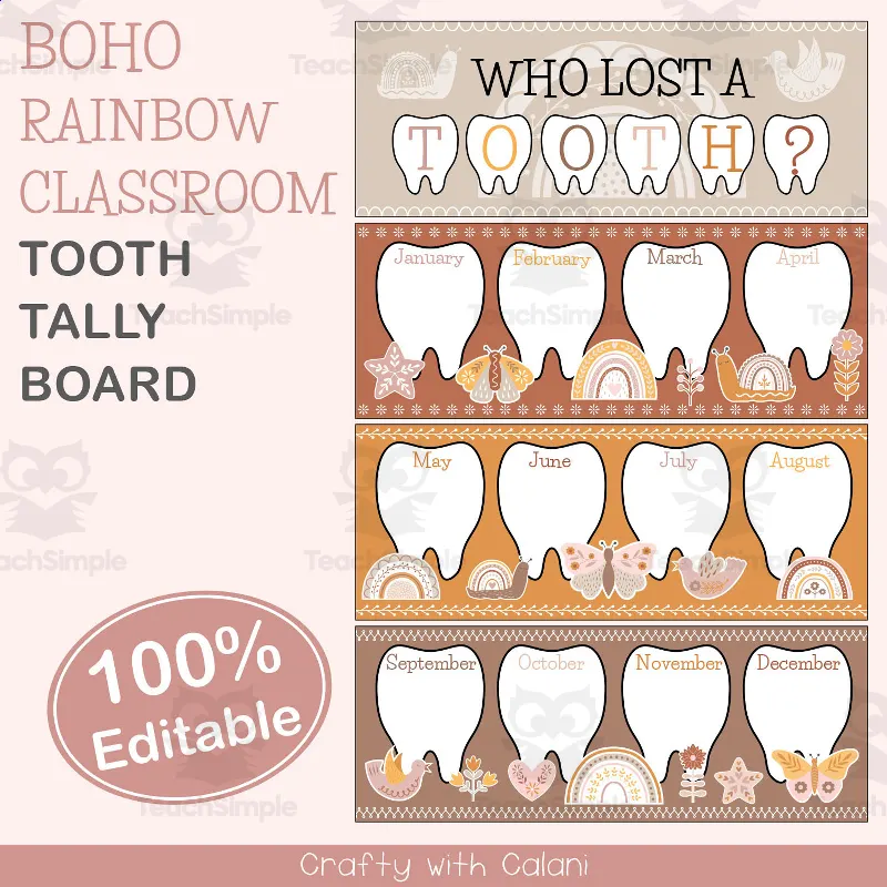 Tooth Tally Board in Boho Rainbow Theme - 100% Editable by Teach Simple