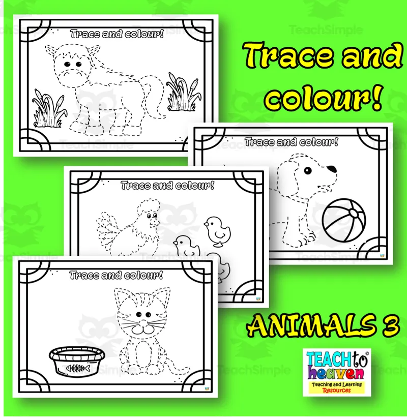 Trace and colour 6 (farm animals) by Teach Simple