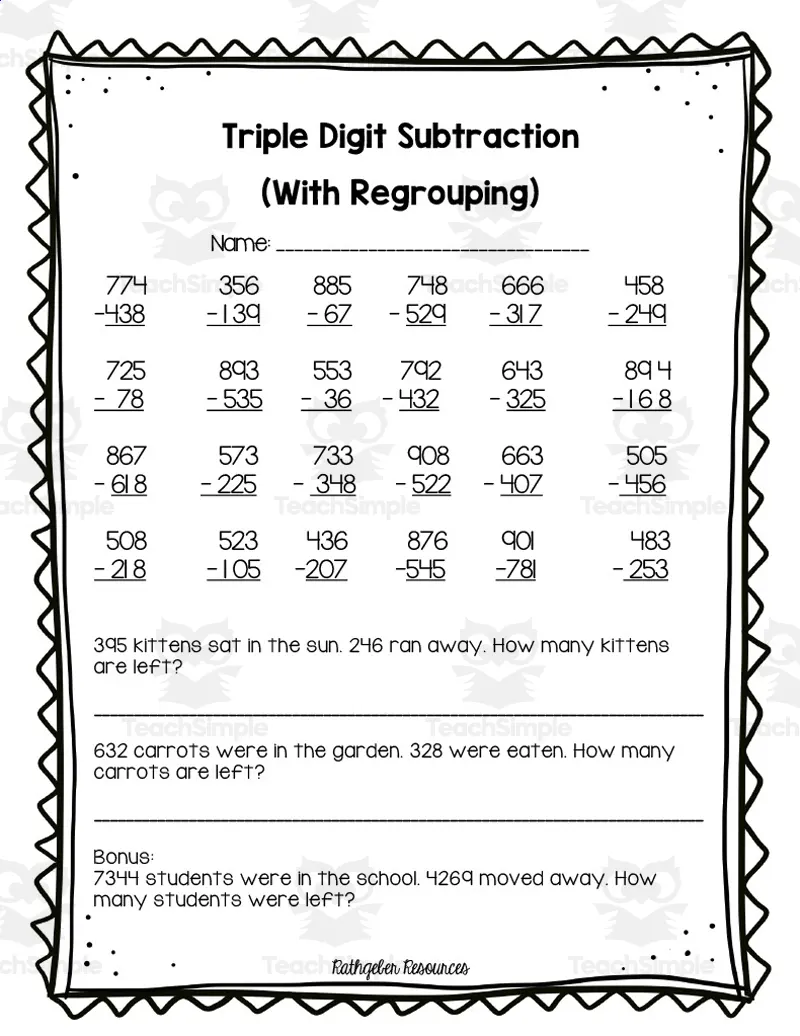 Triple Digit Subtraction with Regrouping Worksheet by Teach Simple Triple Digit Subtraction with Regrouping Worksheet by Teach Simple