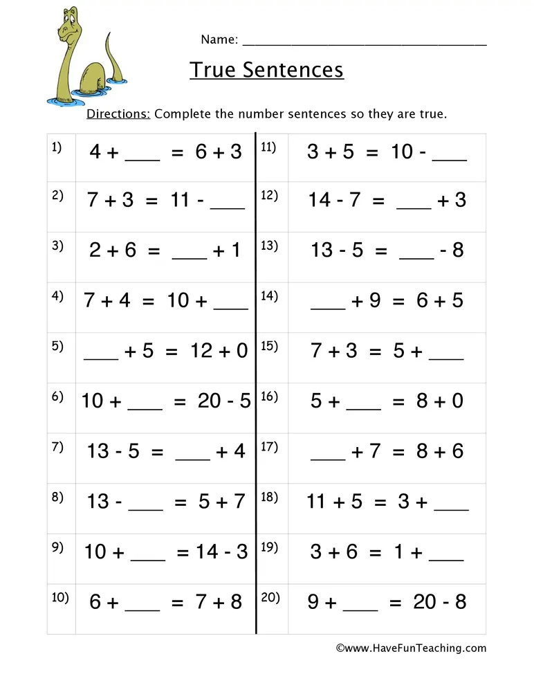 True Number Sentences Worksheet by Teach Simple