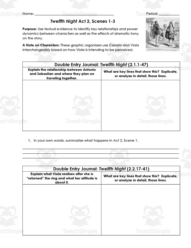 Twelfth Night Act 2 Scenes 1 3 Double Entry Journals By Teach Simple