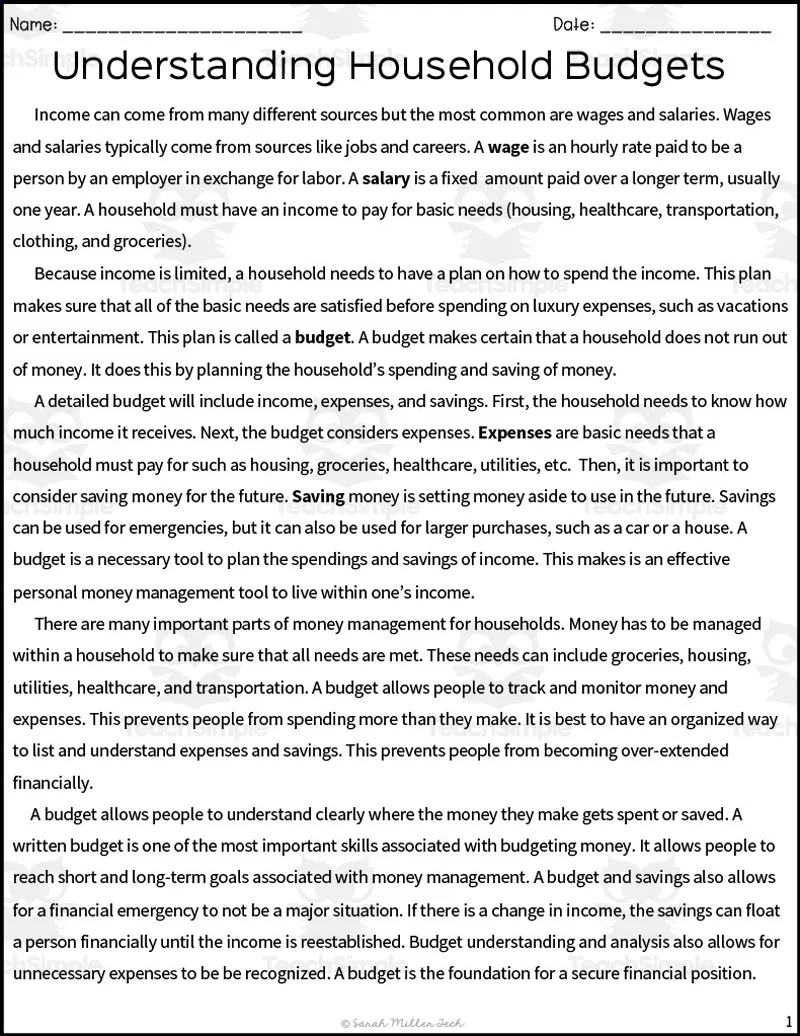 Understanding Household Budgets Reading Packet by Teach Simple