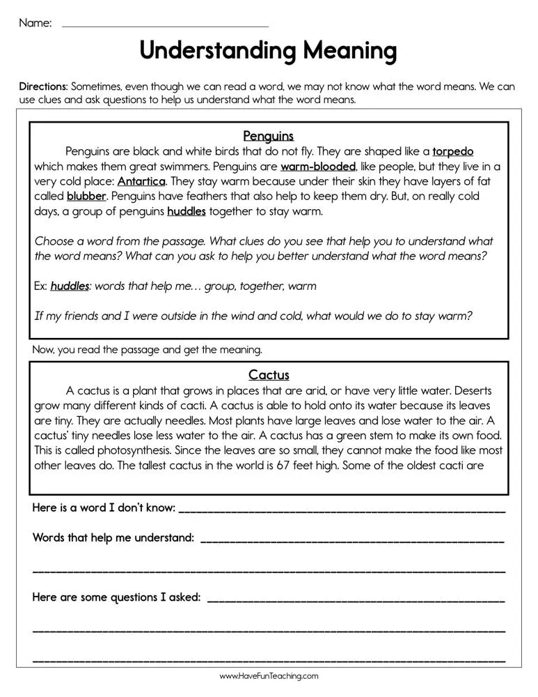 Understanding Meaning Worksheet by Teach Simple