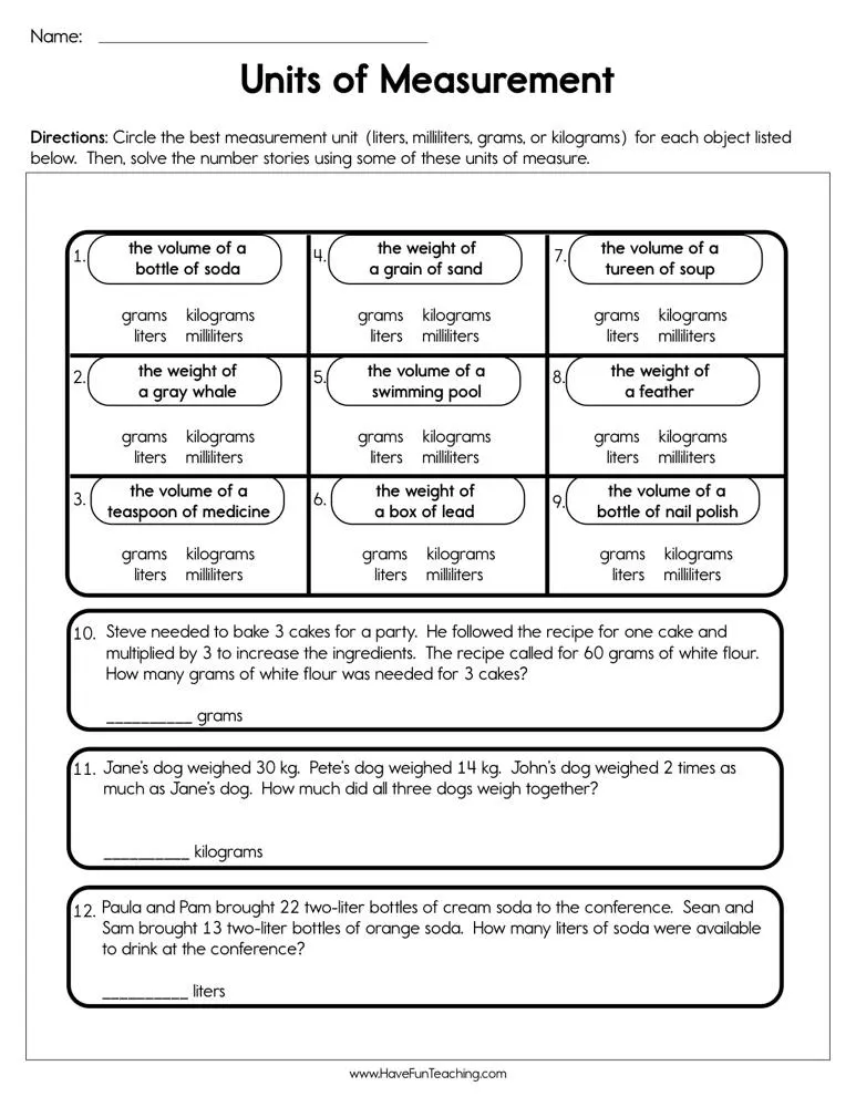 Units of Measurement Worksheet by Teach Simple