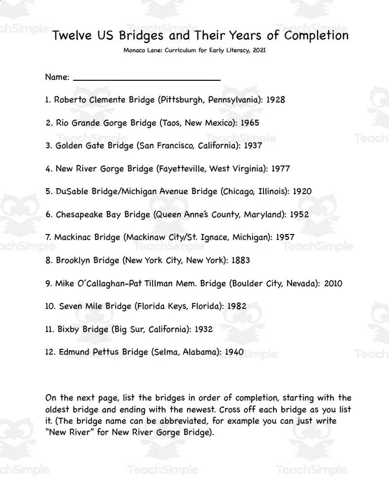 US Bridges Worksheet by Teach Simple