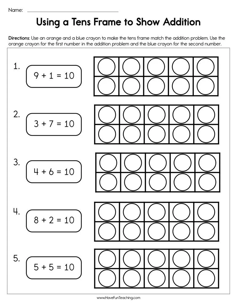 Using a Tens Frame to Show Addition Worksheet by Teach Simple
