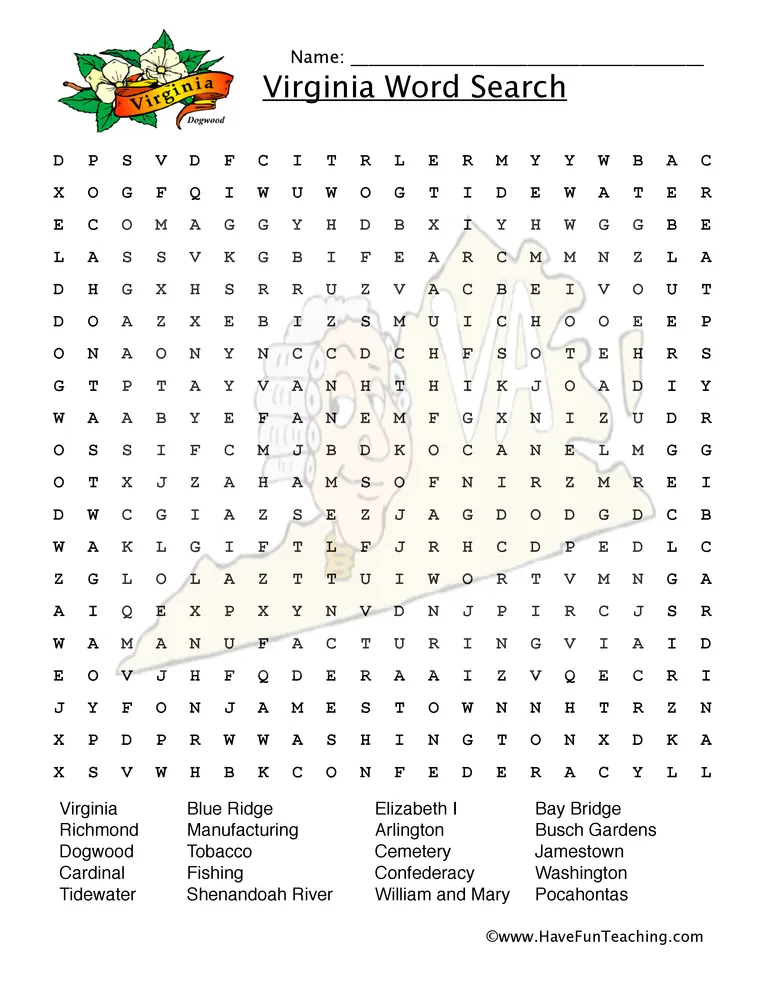 Virginia Word Search Worksheet by Teach Simple