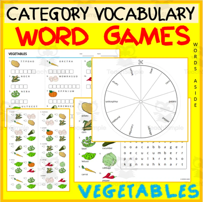 VOCABULARY GAMES ANAGRAM WORDSEARCH QUIZ vegetables by Teach Simple