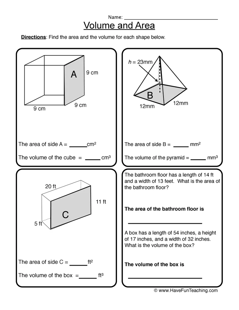 Volume Area Worksheet by Teach Simple