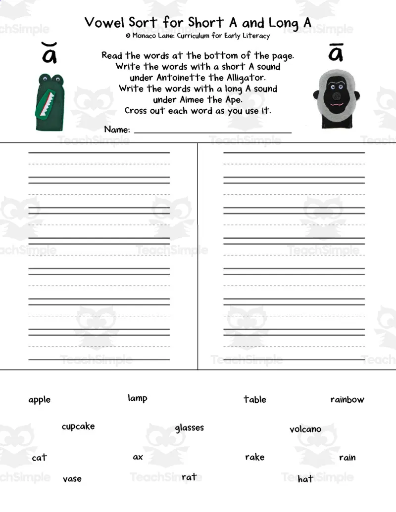 Vowel Sort with Words Worksheet by Teach Simple