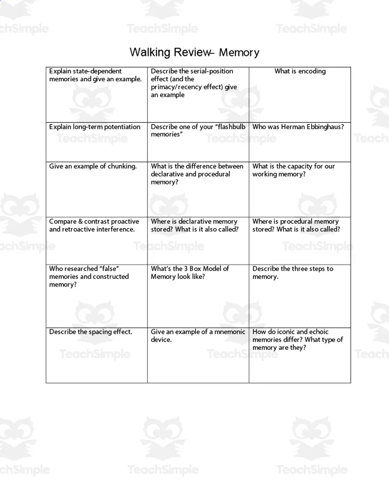 Walking Review Activity - Memory by Teach Simple