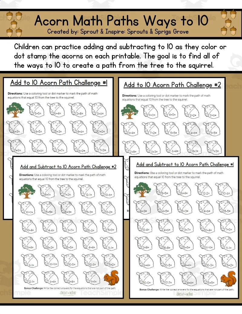 Ways to 10 Acorn Math Paths by Teach Simple