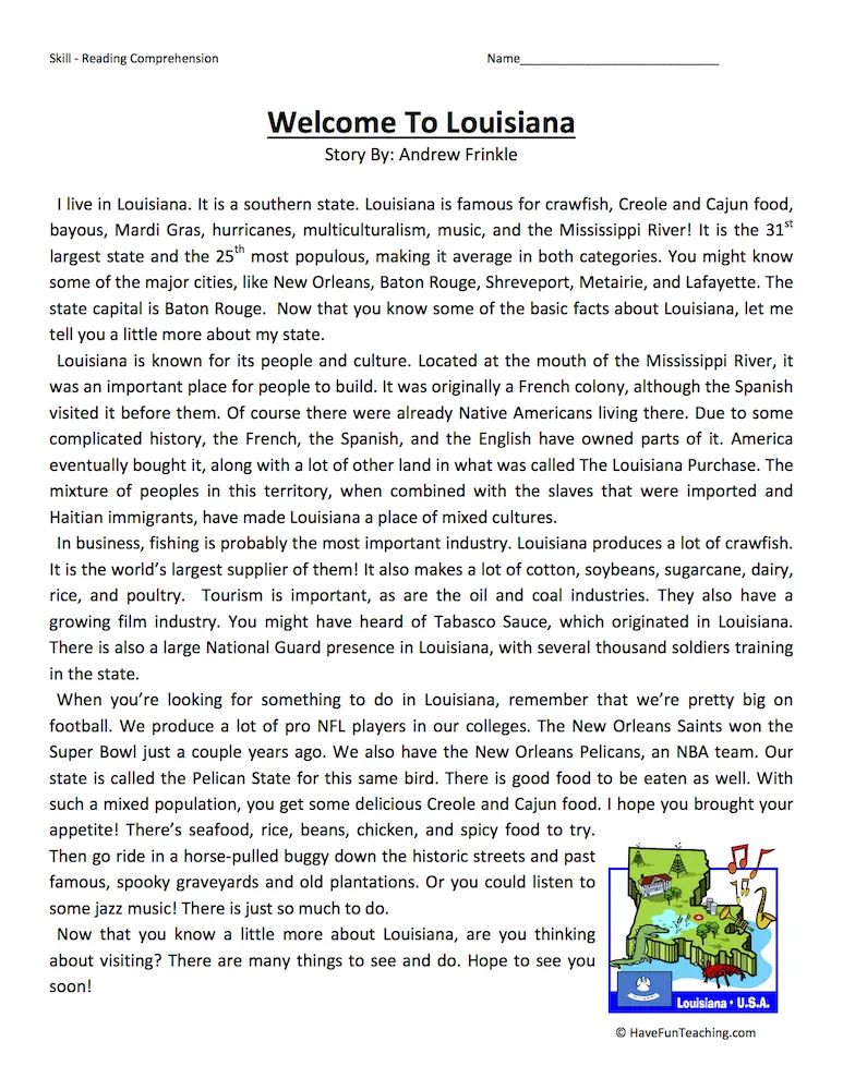 Welcome to Louisiana Reading Comprehension Worksheet by Teach Simple