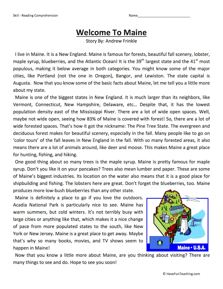 Welcome to Maine Reading Comprehension Worksheet by Teach Simple