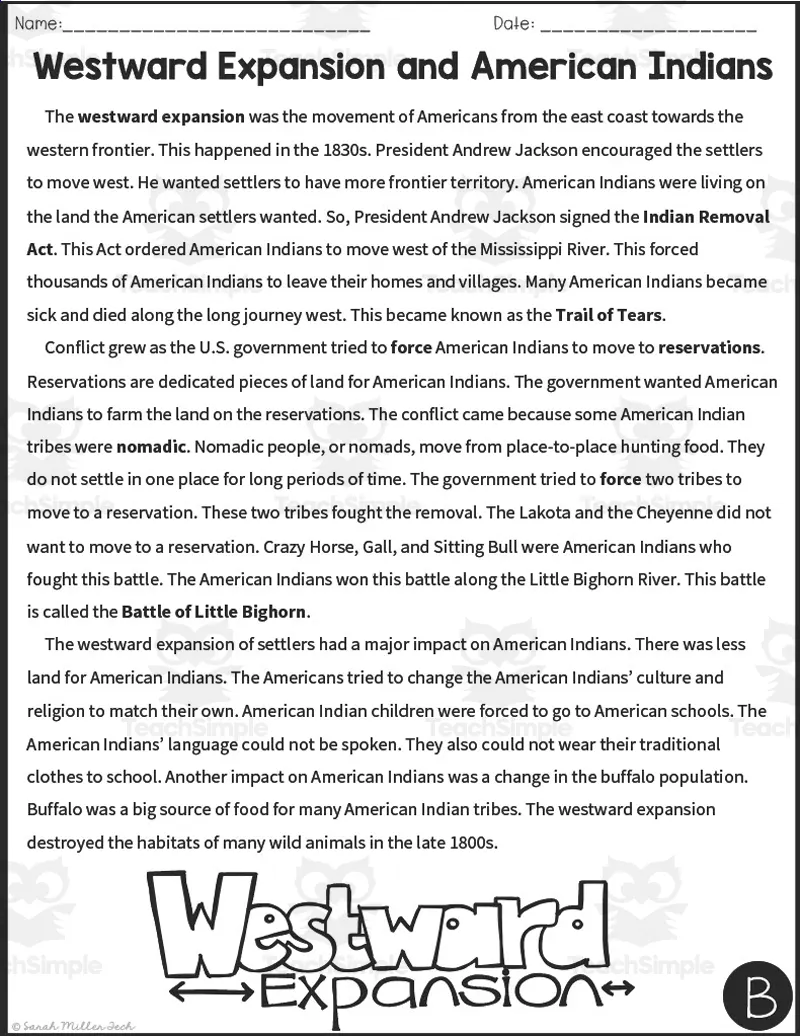 Westward Expansion and American Indians Reading Packet + Distance ...