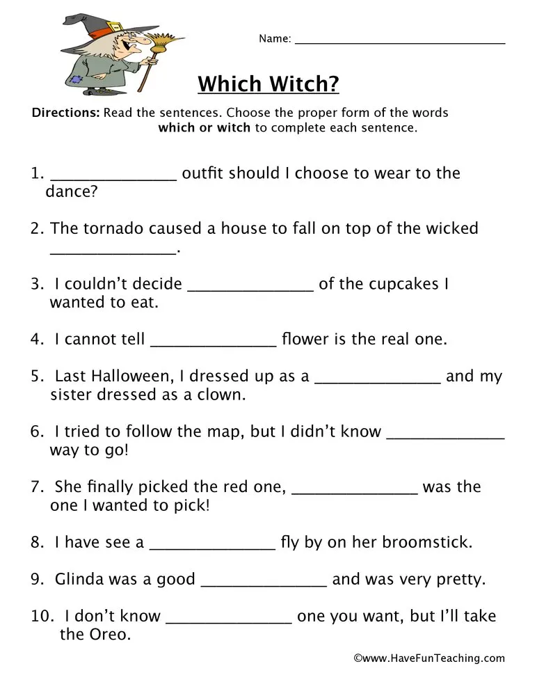 Which, Witch Homophones Worksheet by Teach Simple