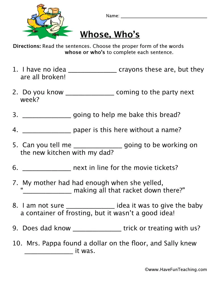 Whose, Who's Homophones Worksheet by Teach Simple