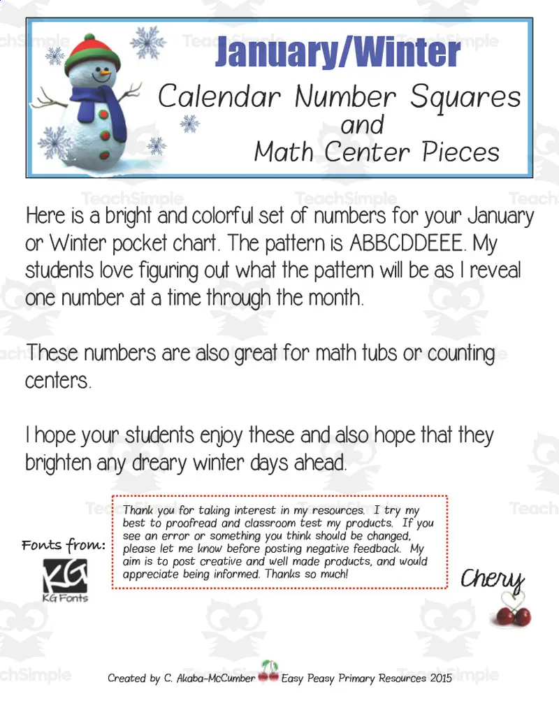 Winter Calendar Number Squares by Teach Simple