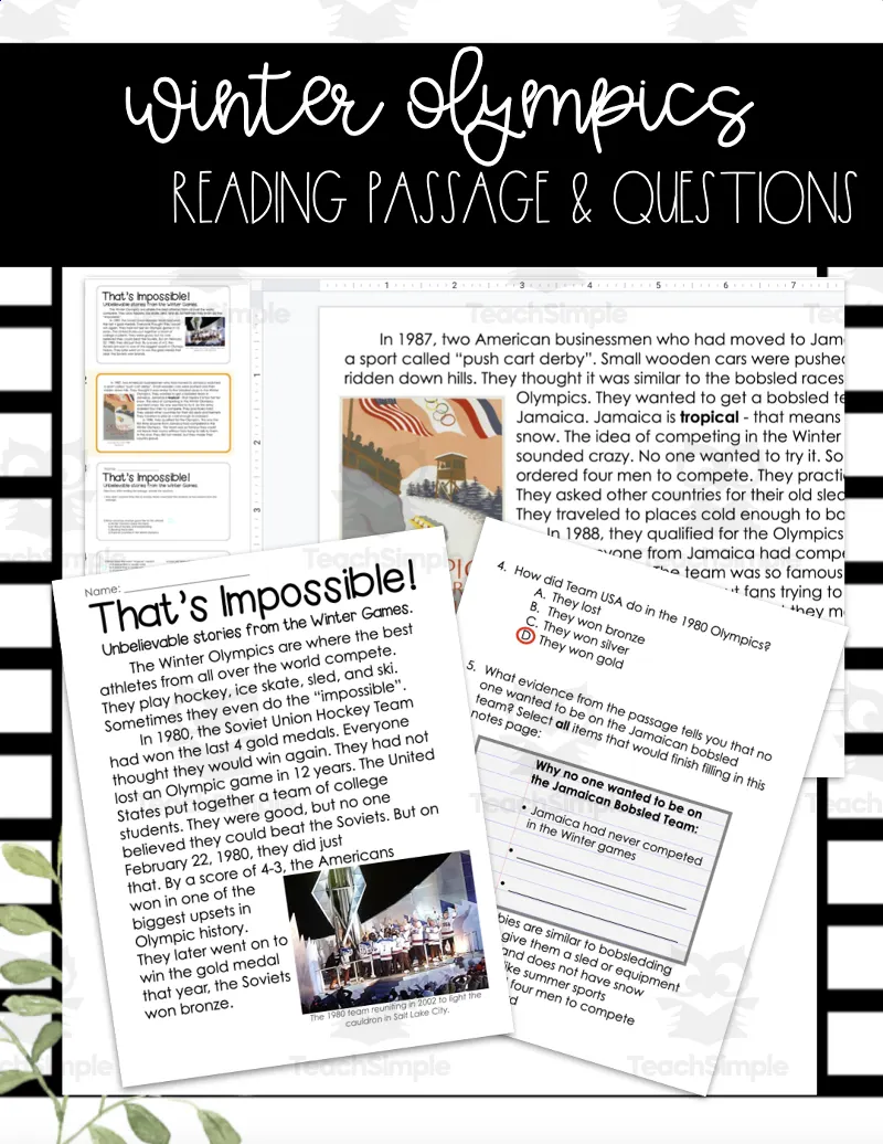 Winter Olympics Reading Passage and Questions (Print and Digital) by ...