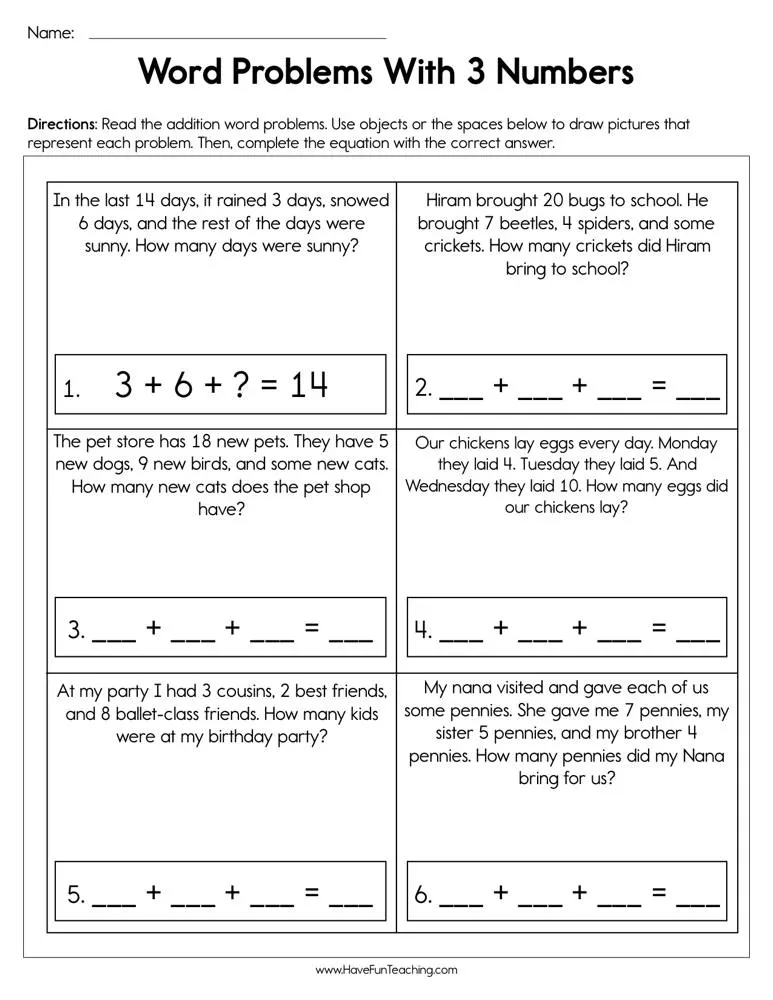 Word Problems With 3 Numbers Worksheet by Teach Simple