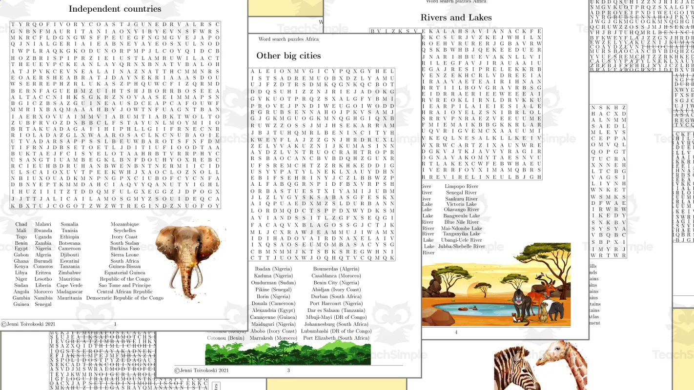 Word search puzzles about Africa by Teach Simple