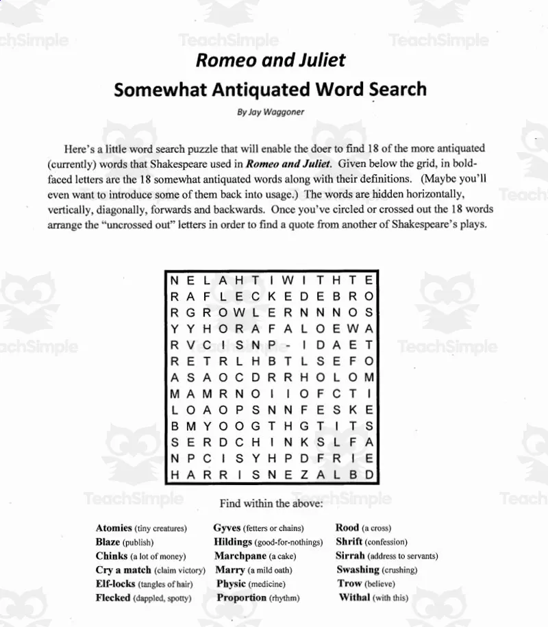 Word Search: Romeo and Juliet Somewhat Antiquated Words by Teach Simple