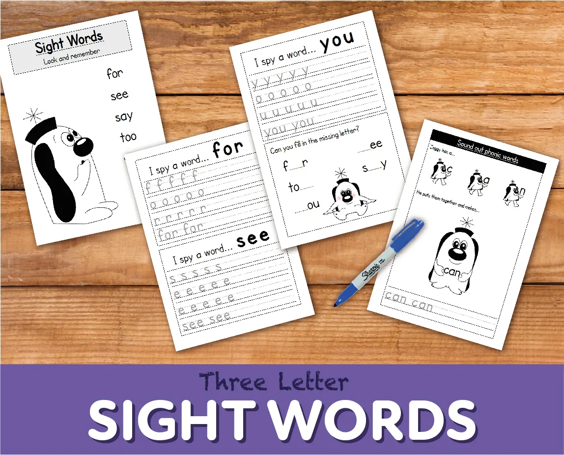 WORKSHEETS To Reinforce Three Letter Sight Words (4-7 years) by Teach ...