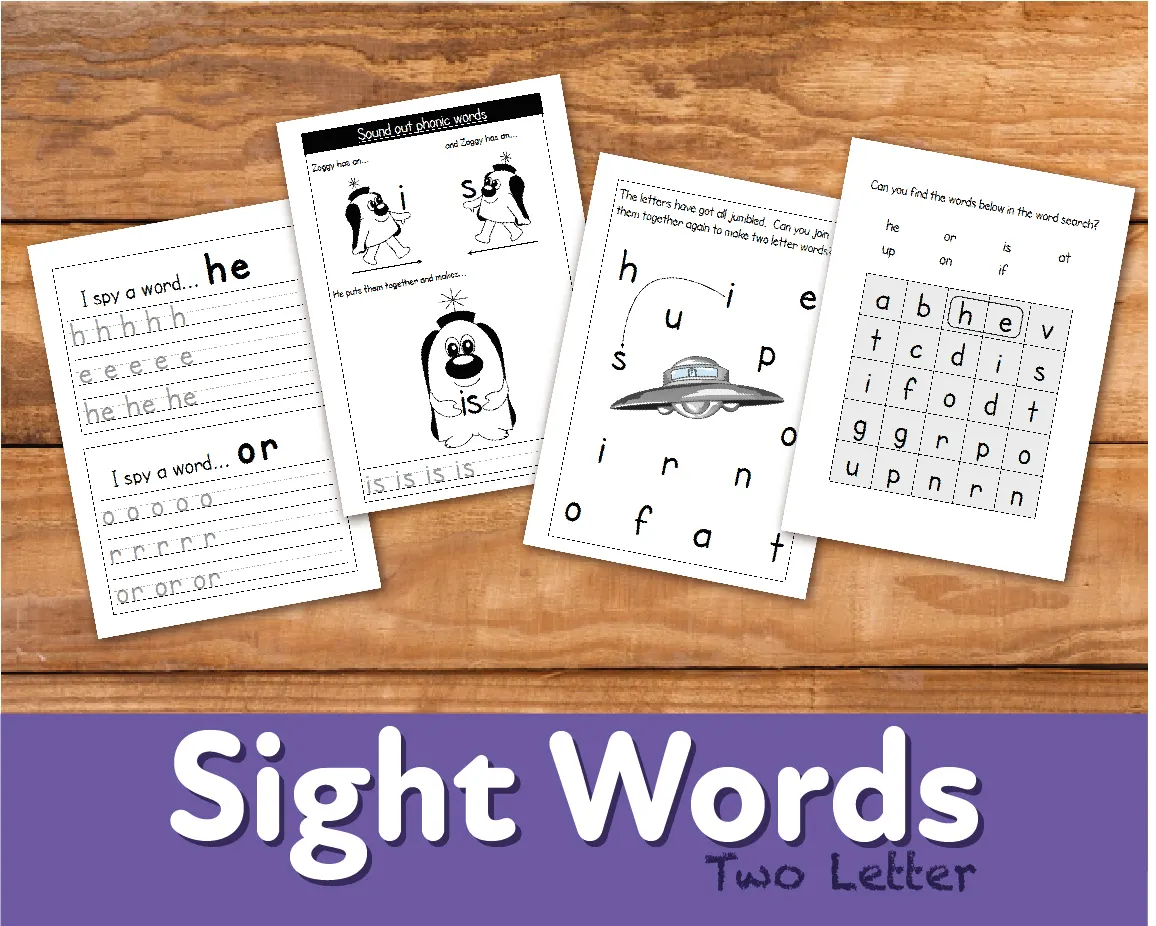 WORKSHEETS To Reinforce Two Letter Sight Words (4-7 years) by Teach Simple