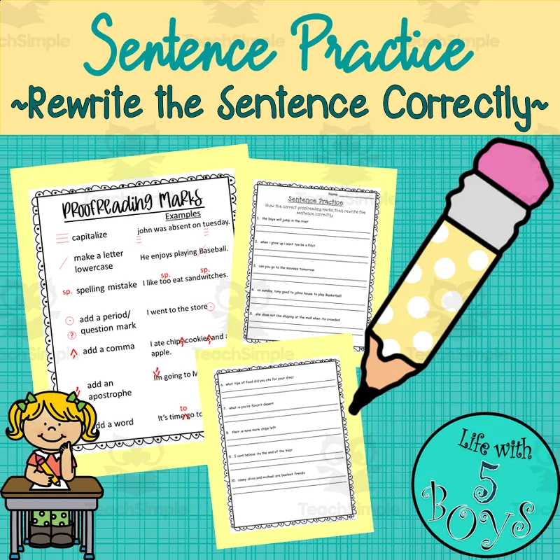 Writing and Sentence Practice for Rewrite the Sentence by Teach Simple