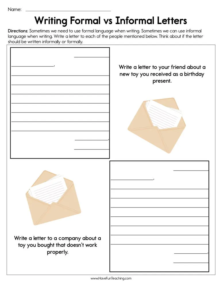 Writing Formal vs. Informal Letters Worksheet by Teach Simple