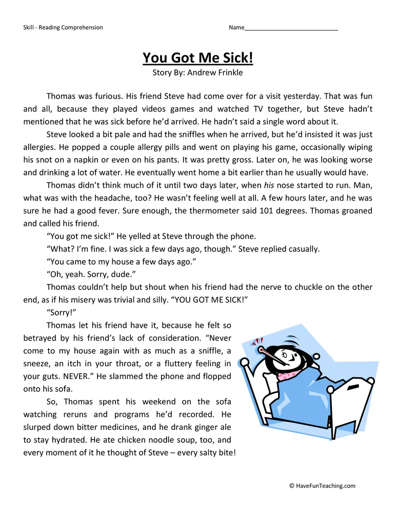You Got Me Sick Reading Comprehension Worksheet by Teach Simple