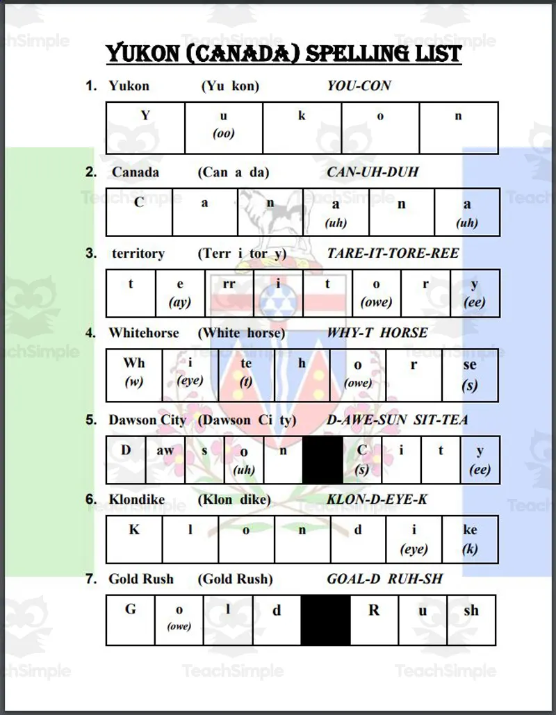 Yukon (Canada) Spelling List by Teach Simple