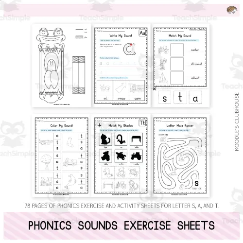 50+ Phonics Exercise Sheets (s,a,t) by Teach Simple