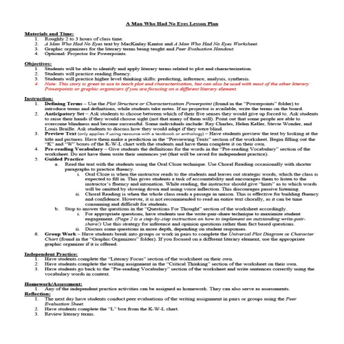 A Man Who Had No Eyes: Full Lesson Plan w/ PowerPoints & Graphic ...