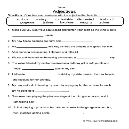 Adjectives Fill in the Blanks Worksheet by Teach Simple