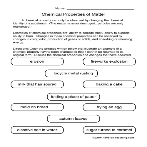 Chemical Properties Matter Worksheet by Teach Simple