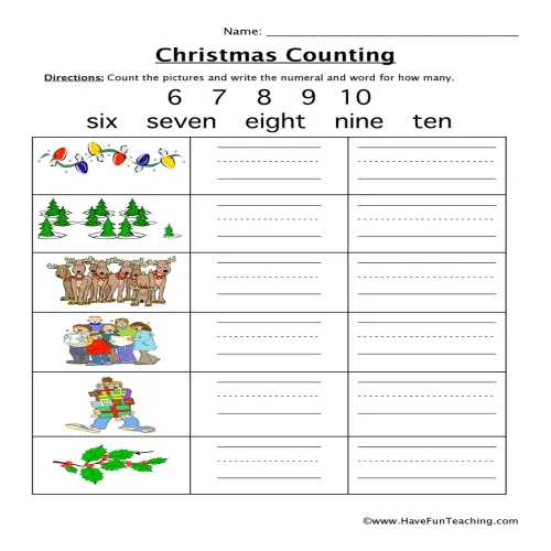 Christmas Counting 6 to 10 Worksheet by Teach Simple