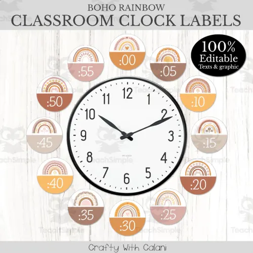 Clock Label Classroom Decoration in Boho Rainbow Theme - 100% Editable ...