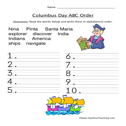 Columbus Day ABC Order Sorting Worksheet by Teach Simple